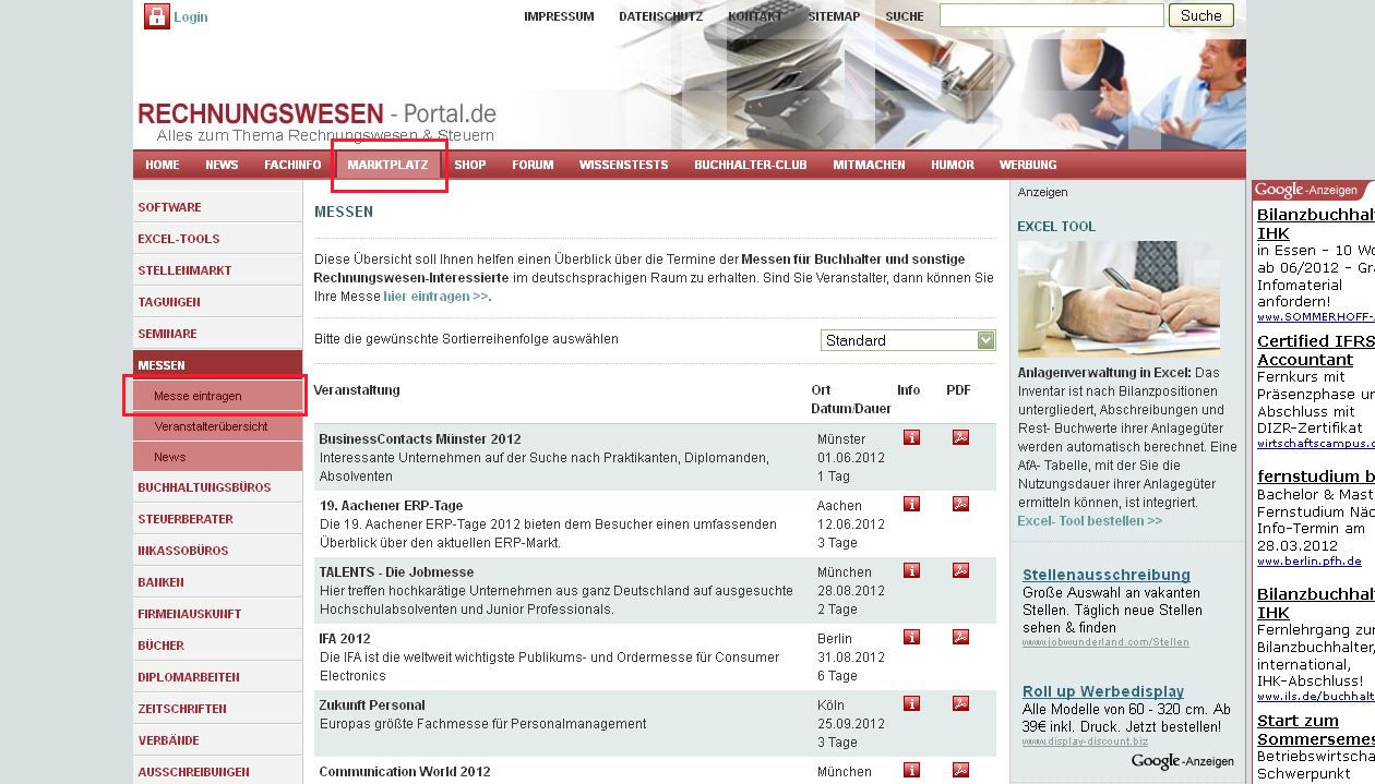 Messe - Eintrag wählen